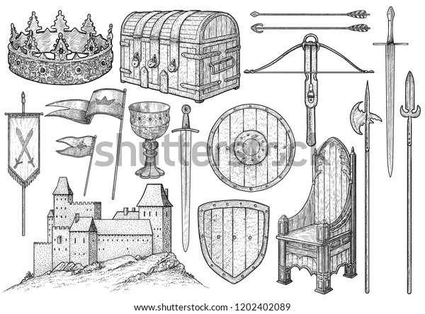 Medieval Object Collection Illustration Drawing Engraving Stock Vector ...