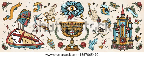 Medieval old school tattoo collection. Warrior crusader, sacred holy ...