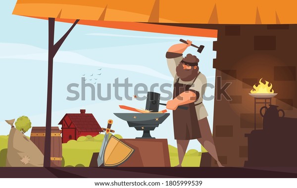 Medieval People Blacksmith Composition Large Muscular Stock Vector ...