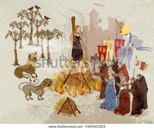 Medieval Scene Inquisition Burning Witches Monks: เวกเตอร์สต็อก (ปลอด ...