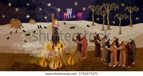 Medieval Scene Inquisition Burning Witches Middle Stock Vector (Royalty ...