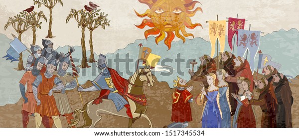 Medieval scene. King and queen. Priests and soldiers protect castle ...