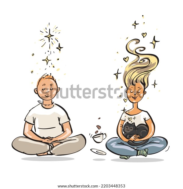 Meditating People Cartoon Vector Drawing Couple Stock Vector (Royalty ...