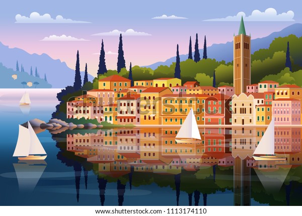Mediterranean Romantic Landscape Handmade Drawing Vector Stock Vector ...