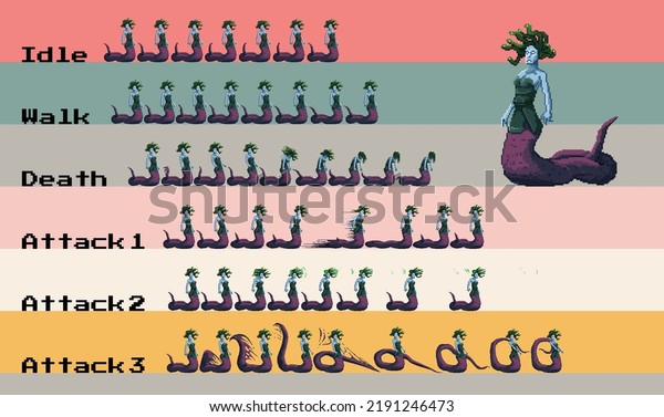 Medusa Pixel Art Sprite Sheet Animation Stok Vektör (Telifsiz ...