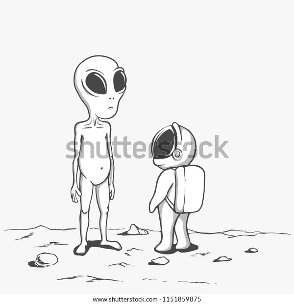 Meeting Alien Astronautspace Themeuncolor Versionvector Illustration ...