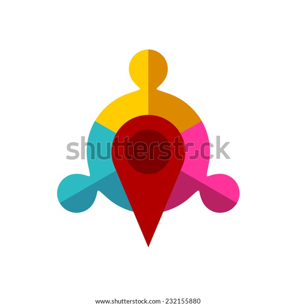 Meeting point logo template. Map pointer with team of three sign.