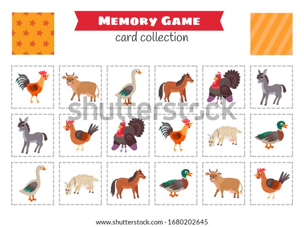 Memory Game Cartoon Farm Animals Kids: стоковая векторная графика (без ...