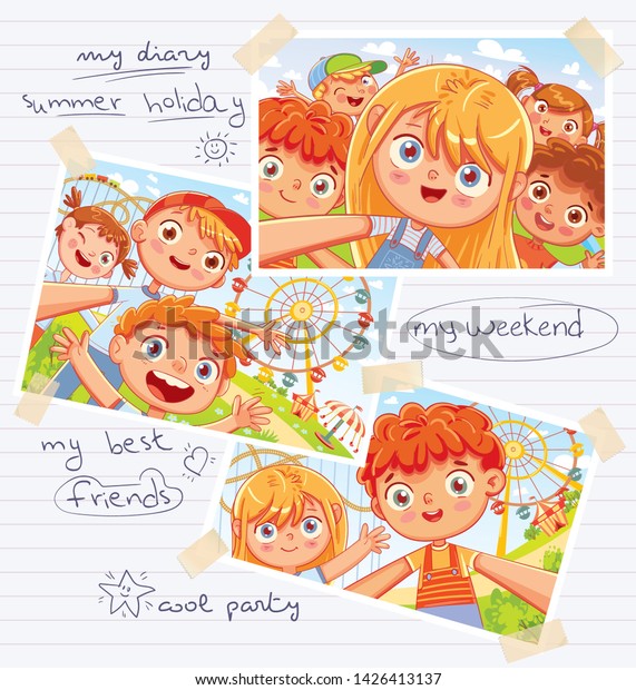 Memory page from a children's diary with pasted photos, handwritten ...