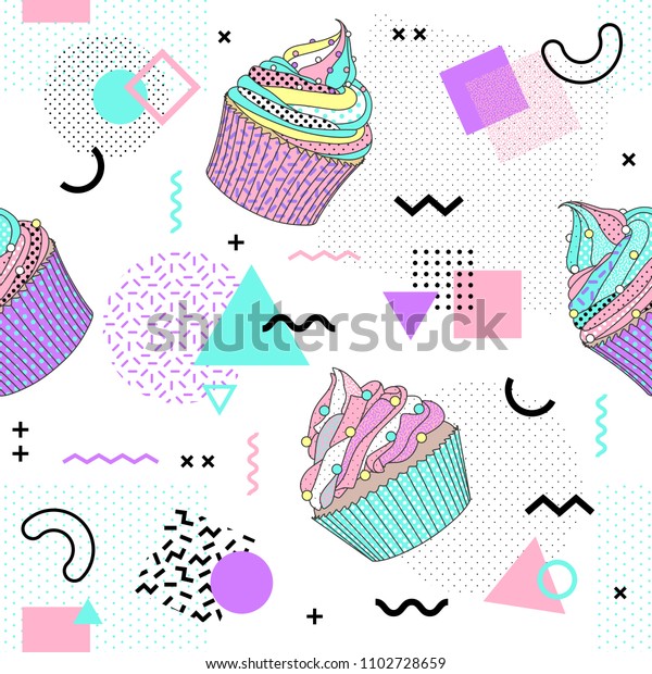 Memphis Seamless Pattern Cupcake Geometric Different Stock Vector ...