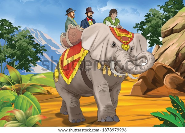 Men Riding Elephant Walking Woods Illustration Stock Vector (Royalty ...