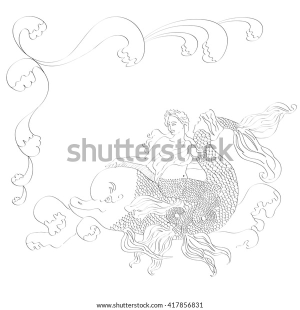 Mermaid Riding Dolphin Ink Vector Illustration Stock Vector (Royalty ...