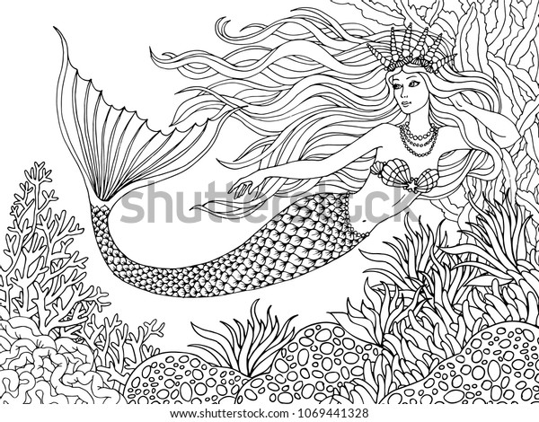 Mermaid Swiming Undersea Hand Drawn Linen Stock Vector (Royalty Free ...