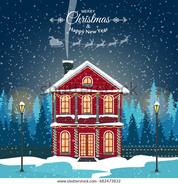 Merry Christmas Card House Vector Illustration Stock Vector (Royalty ...