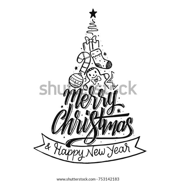 Merry Christmas Hand Drawing Typography Doodle: vector de stock (libre ...