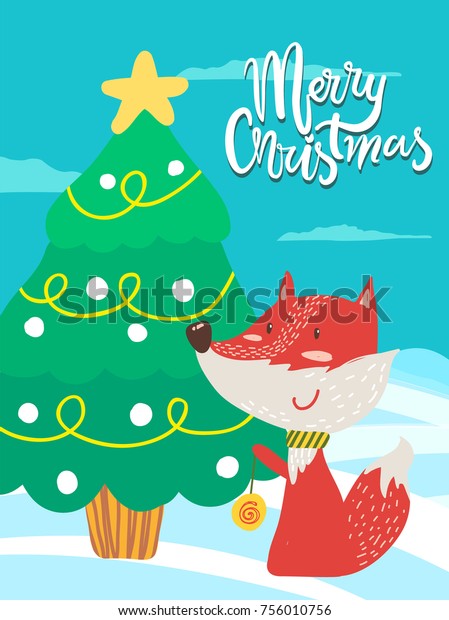 Merry Christmas Poster Congratulation Fox Playing Stock Vector (Royalty ...