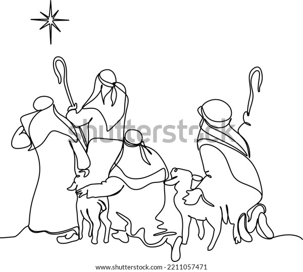 Merry Christmas Shepherd Sheeps Continuous One Stock Vector (Royalty ...