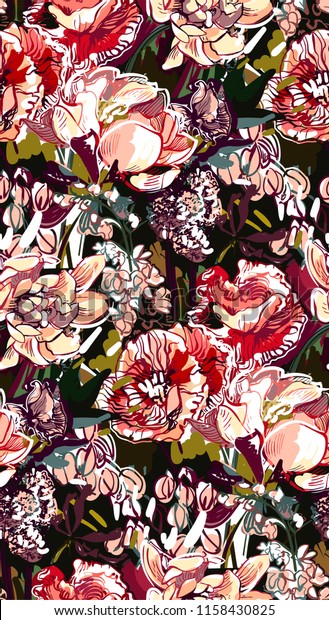 Messy Garden Flower Paint Pattern Vector 스톡 벡터(로열티 프리) 1158430825 ...