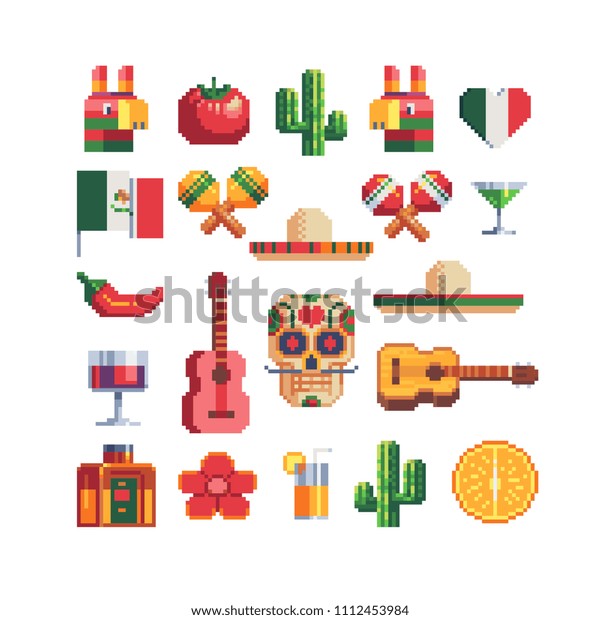Mexican Fiesta Traditional Elements Pixel Art Stock Vector (Royalty ...