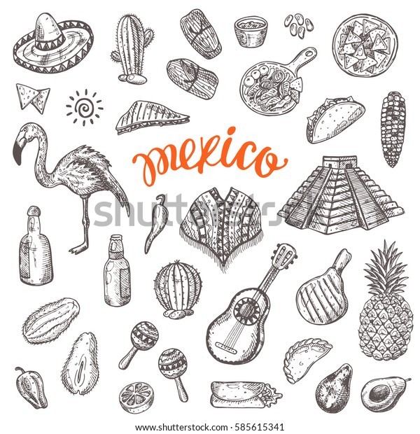Mexican Traditional Elements Set Hand Drawn Stock Vector (Royalty Free ...