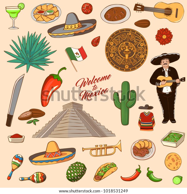 Mexico Symbols Set Icons Landmarks Mexico Stock Vector (Royalty Free ...