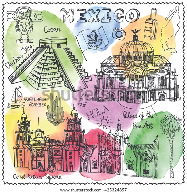 Mexico Travel Famous Landmarksvector Hand Drawn: vector de stock (libre ...