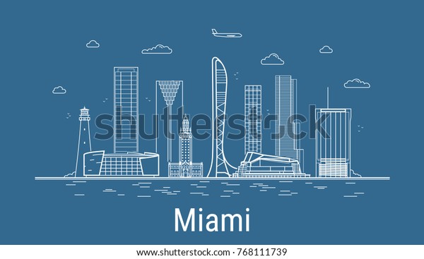 Miami City Line Art Vector Illustration: เวกเตอร์สต็อก (ปลอดค่า ...