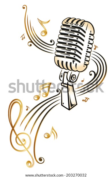 Micrófono con notas de música y hoja de música