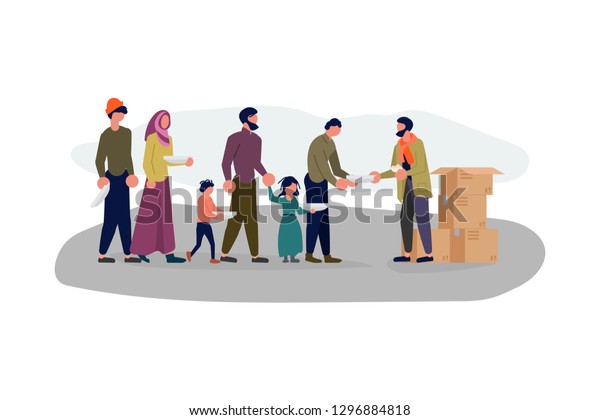 Migrant People Queue Humanitarian Aid Refugees Stock Vector (Royalty ...