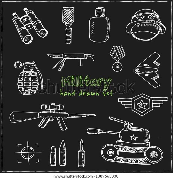Military Hand Drawn Doodle Set Sketches Stock Vector (Royalty Free ...