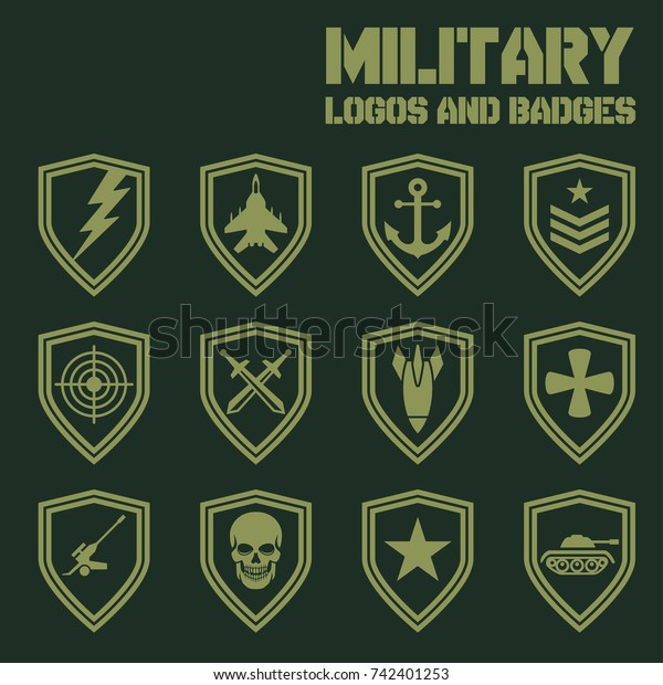 Military logos of special forces set. Army shield, wing and skull ...