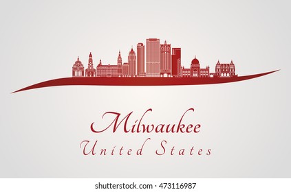 Milwaukee Skyline Red Gray Background Editable Stock Vector (Royalty ...
