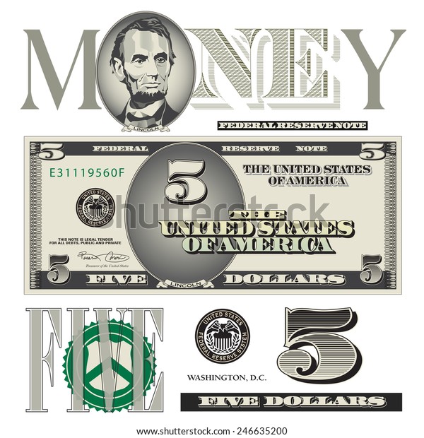 Miscellaneous Five Dollar Bill Elements Stock Vector (Royalty Free ...