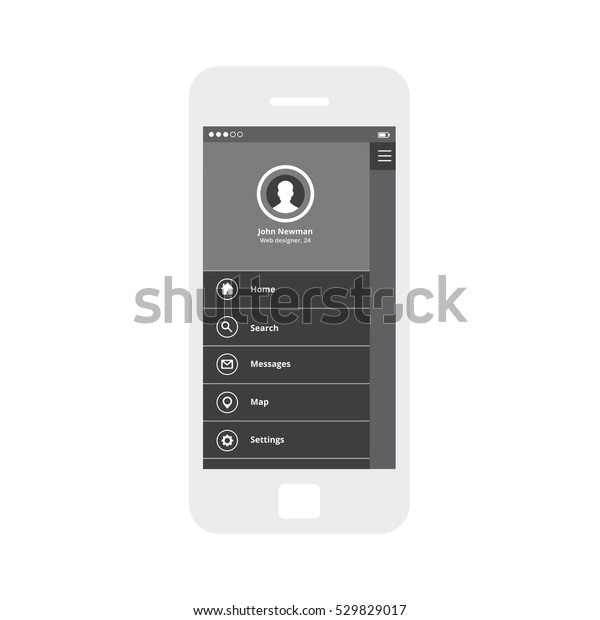 Mobile app single screen ui kit. Sidebar profile menu screen.