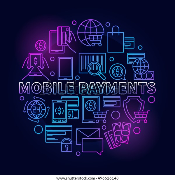 Mobile payments circular blue sign. Vector outline round smartphone ...
