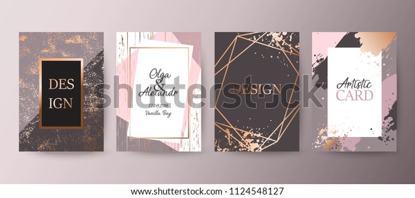 Modern card design. Hand drawn background. Gold, pink brochure, flyer ...