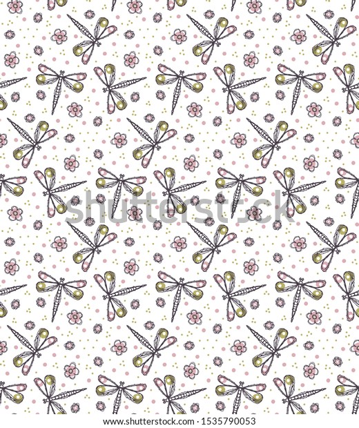 Modern Doodle Daisy Dragonfly Seamless Pattern Stok Vektör (Telifsiz ...
