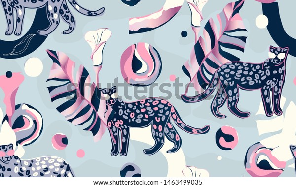 Modern Exotic Jungle Illustration Pattern Leopards Stock Vector ...