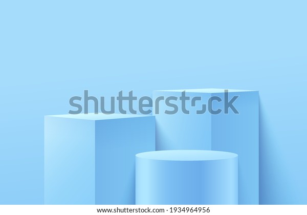 Modern light blue cube and cylinder step pedestal podium with empty ...