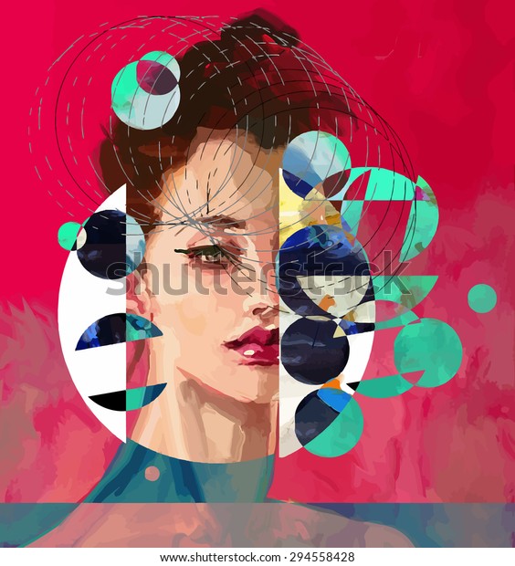Modern Style Portrait Lady Red Background Stock Vector (Royalty Free ...