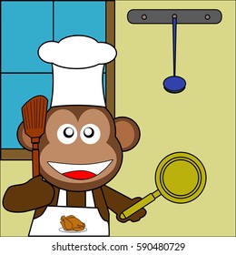 Monkey Cook Chicken Kitchen Stock Vector (Royalty Free) 590480729 ...