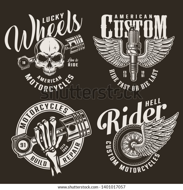 Monochrome Custom Motorcycle Logotypes Skull Engine Stock Vector ...