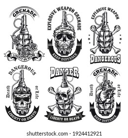 Monochrome Emblems Grenade Skull Vector Illustration Stock Vector ...