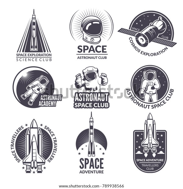 Monochrome Illustrations Space Shuttle Astronauts Labels Stock Vector ...