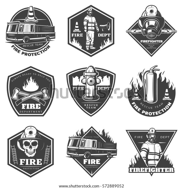 Monochrome Professional Firefighting Labels Set Fireman Stock Vector ...
