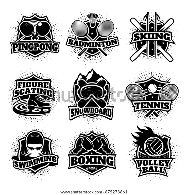 Monochrome sport logos set of different disciplines with various ...