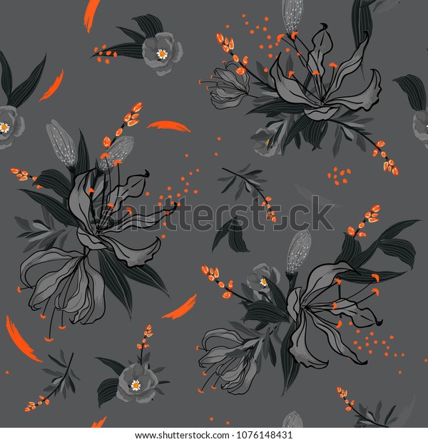 Monotone Floral Pattern Many Kind Flowers Stok Vektör (Telifsiz) 1076148431
