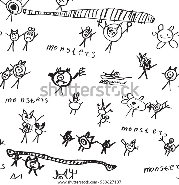 Monsters Child Drawing Vector Seamless Texture: เวกเตอร์สต็อก (ปลอดค่า ...
