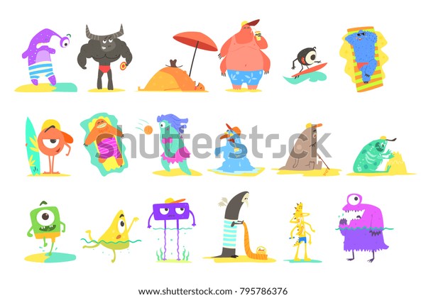 Monsters On Beach Illustrations Set Stock Vector (Royalty Free ...