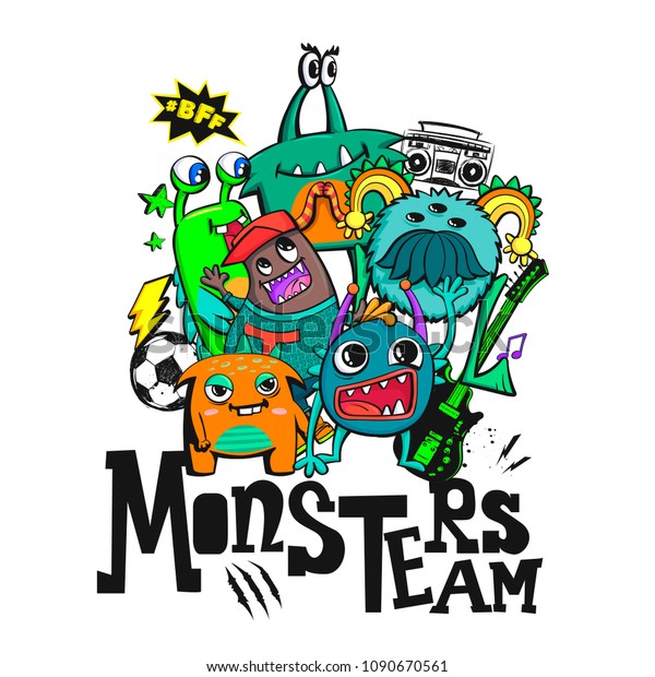 Monsters team composition for t shirt. doodle character of mutants with ...